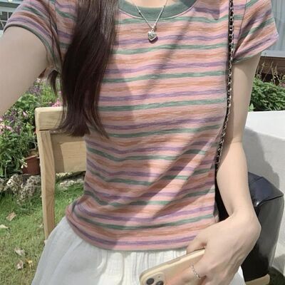 彩虹条纹正肩短袖T恤女2026夏季新款撞色圆领小个子短款bm风上衣