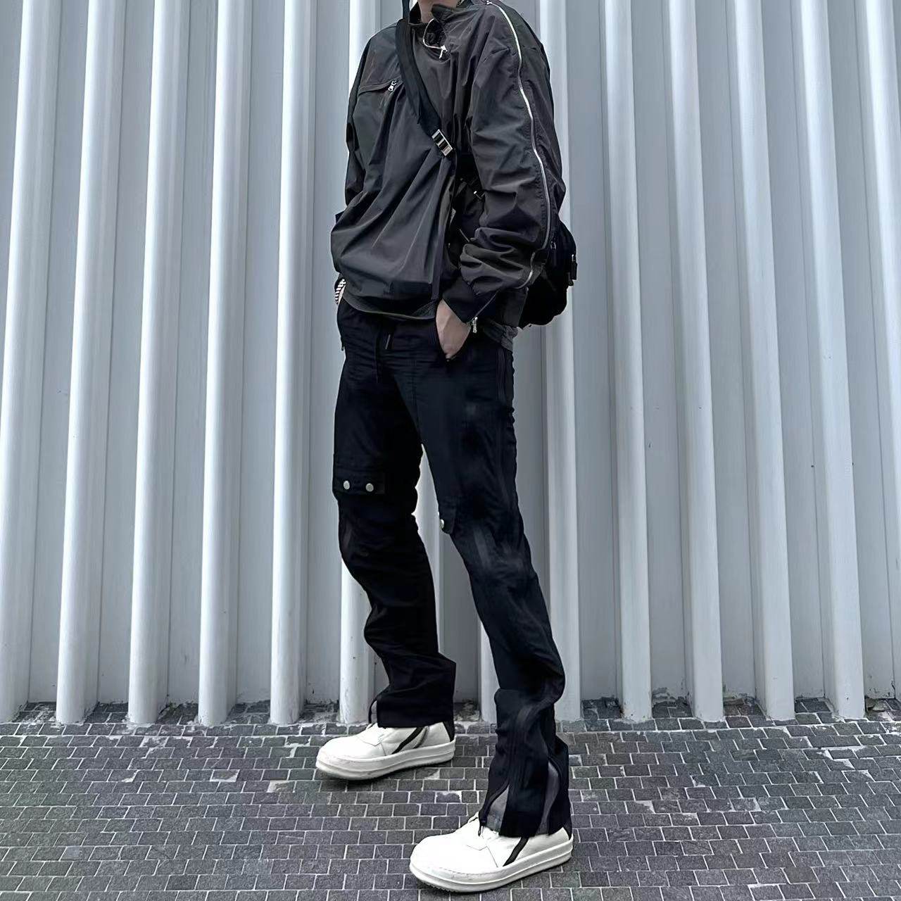 WIDE VIBES高街vibe风机能街头宽松百搭侧边双拉链牛仔拼接长裤_虎窝淘