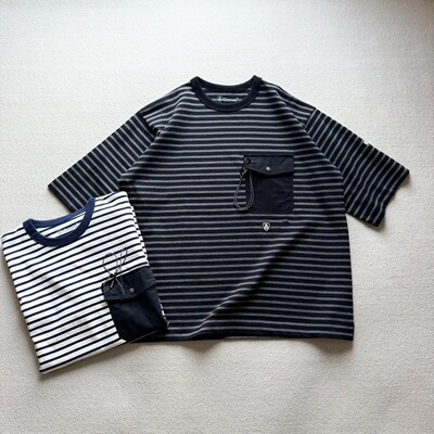 现货日系复古ADW 联名ORCIVAL重磅纯棉条纹刺绣口袋短袖T恤26SS
