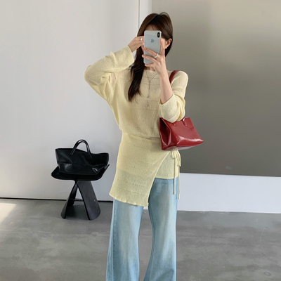 ULOUR/U粒-26年早春韩系氛围感叠穿镂空针织衫(配屁帘)8513