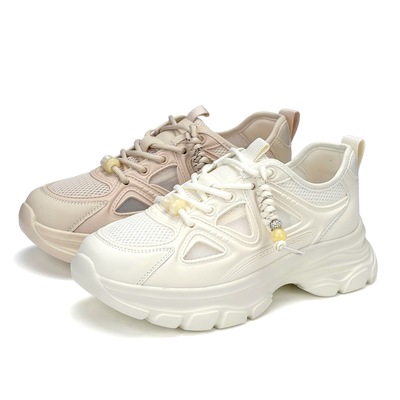 哈森增高透气网面系带串珠女鞋