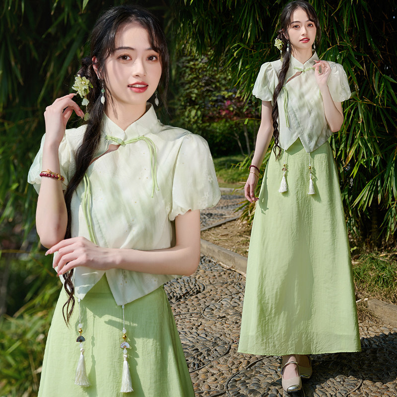 实拍新中式汉服立领提花斜襟盘扣短袖上衣搭配复古半身裙两件套