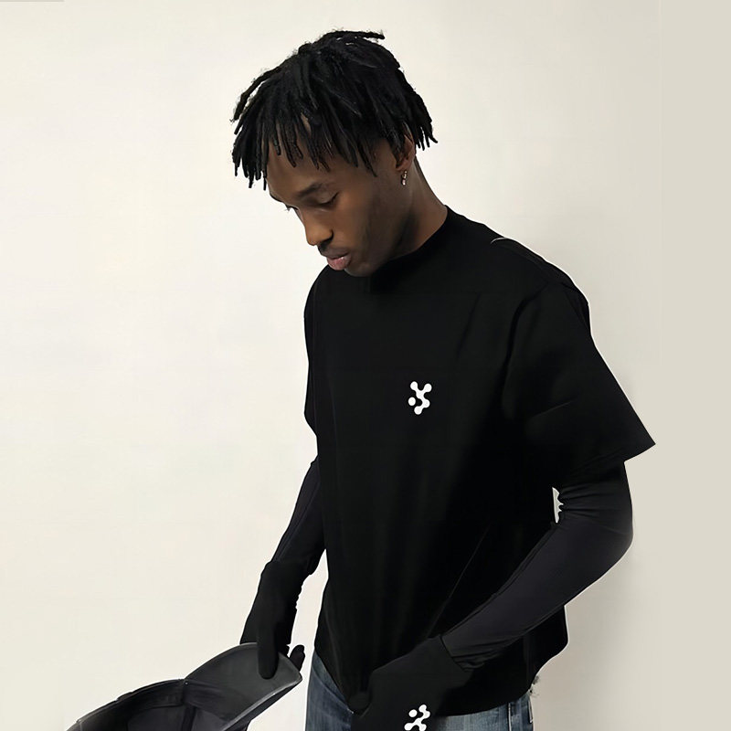 VUJADE 006 KENIJIMA小众简约符号印花宽松双色圆领短袖T恤vibe风_虎窝淘