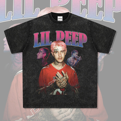 嘻哈lil peep印花高街短袖T恤vintage水洗重磅纯棉圆领连帽卫衣