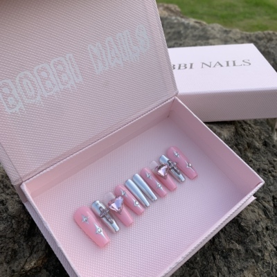 BOBBINAILS欧美魔镜粉色十字架星星银色辣妹手工制作可拆卸穿戴甲