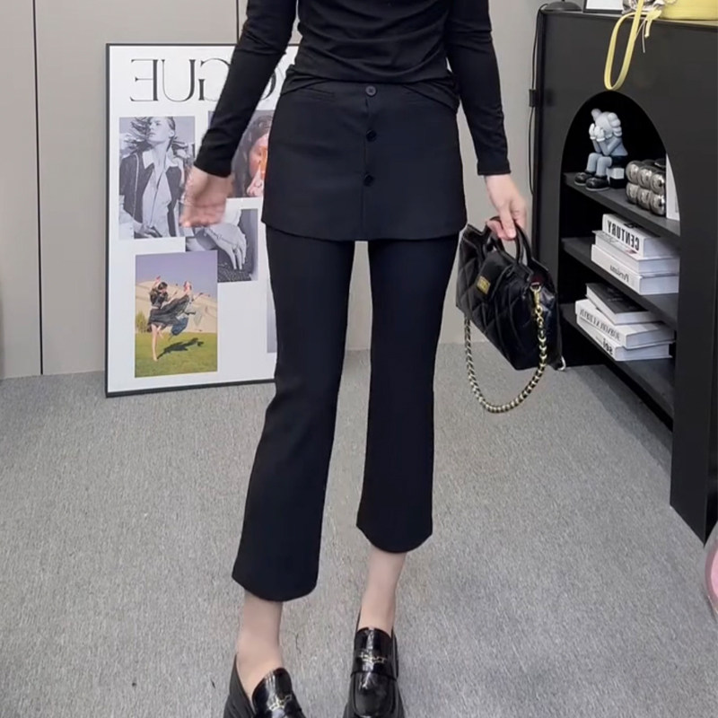 假两件纽扣屁帘裤女高腰显瘦黑色休闲裤宽松九分显瘦直筒弹力裙裤