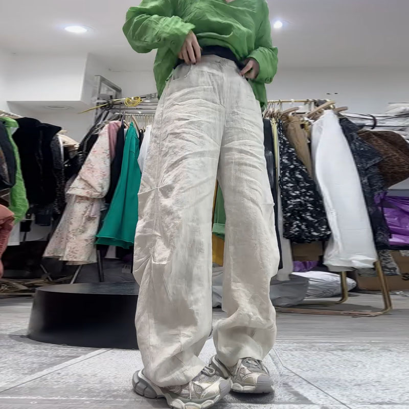 欧货亚麻裤休闲弯刀裤2025春夏时尚松紧高腰纯色净版简约阔腿长裤