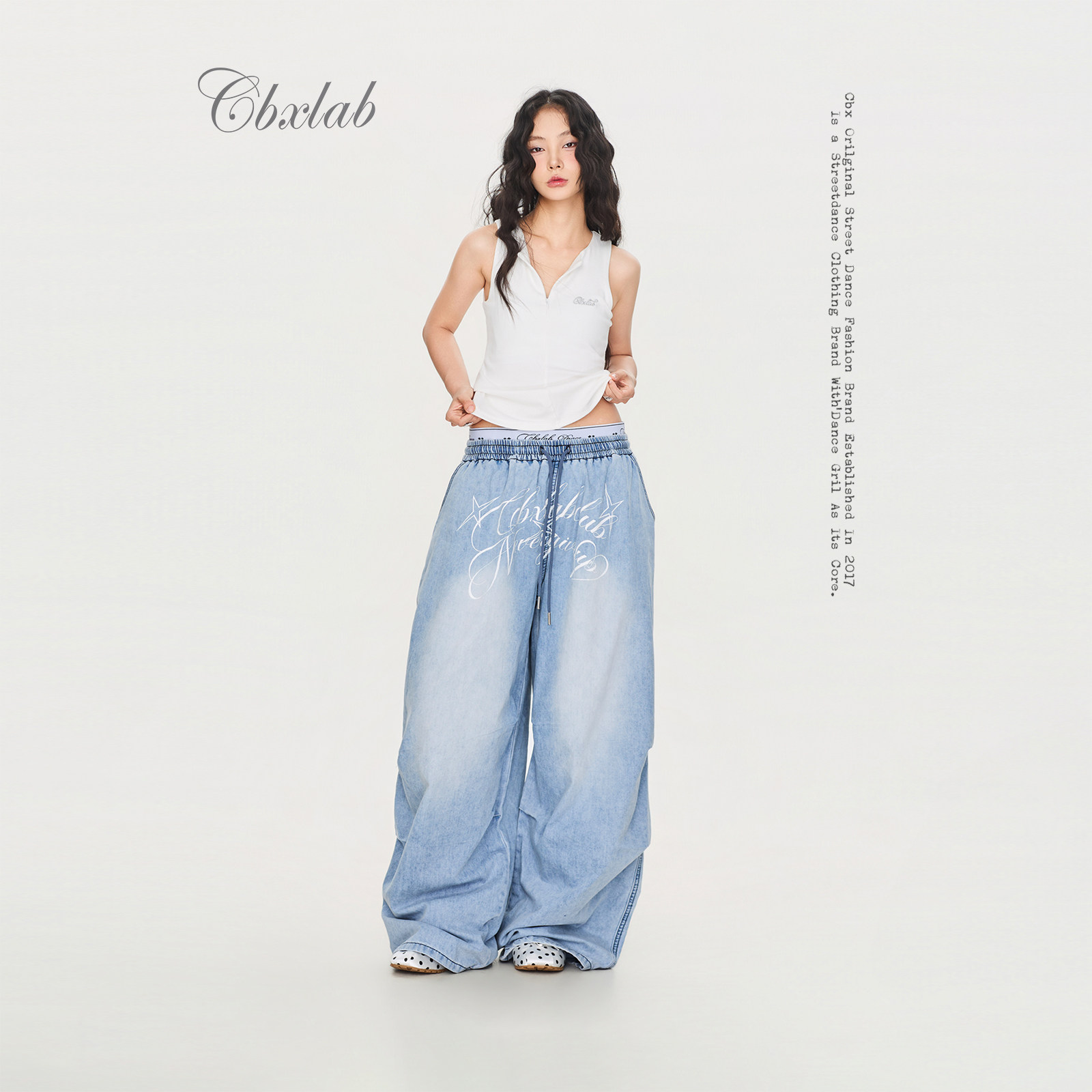 CBXLAB街舞潮牌辣妹宽松压褶印花长裤轻薄显瘦百搭简约牛仔长裤潮