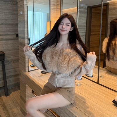 FAY【冬日暖调】秋冬厚款拉链一字肩开衫洋气毛毛慵懒外套