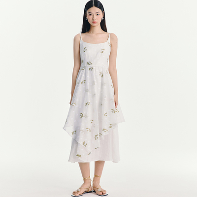 提花苎麻拼接不规则下摆连衣裙