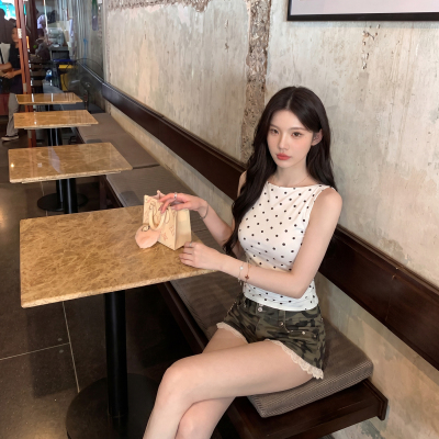 alex stevens露腰绑带波点无袖背心T恤女夏季修身显瘦气质短上衣