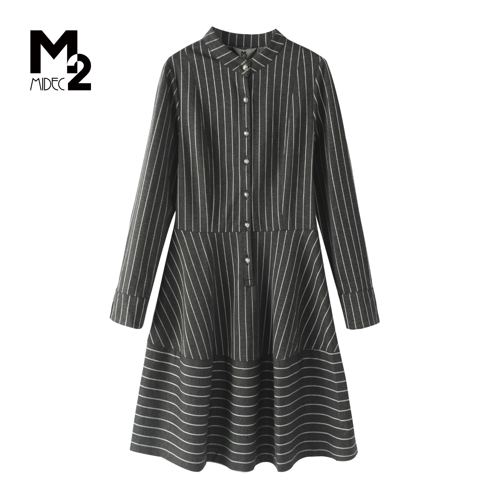M2折扣店春秋通勤风条纹衬衫连衣裙女长袖收腰显瘦黑白条纹裙