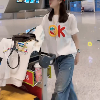 笑脸OK印花T恤中长款休闲宽松