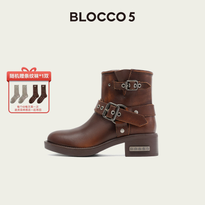 BLOCCO5复古百搭骑士短靴