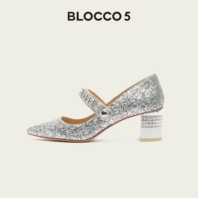 BLOCCO5【杨超越同款】女鞋春季尖头高跟鞋时尚婚鞋镶钻粗高跟鞋