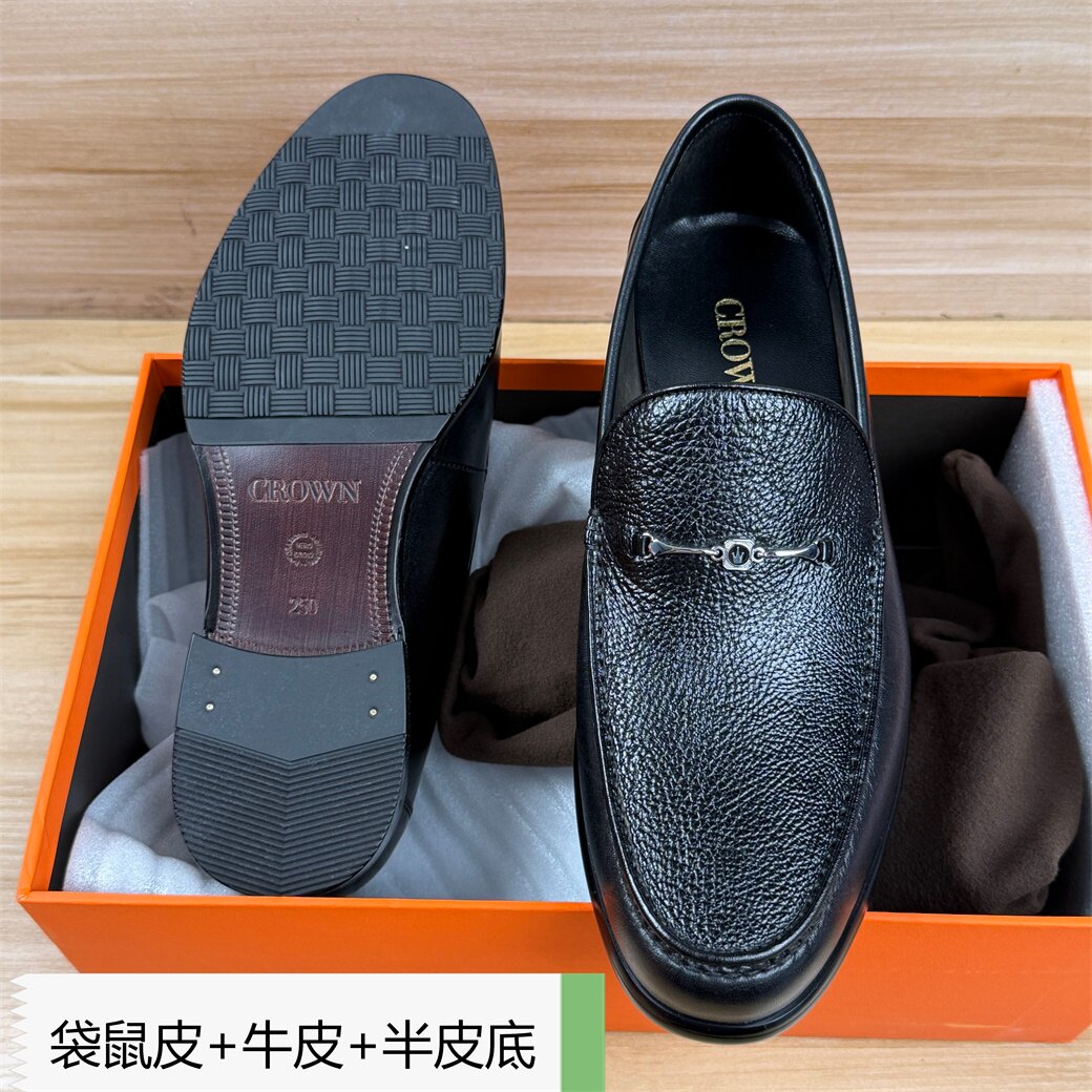 撤柜断码精品一脚蹬袋鼠皮配牛皮半皮底商务正装乐福皮鞋