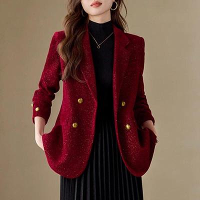 红色小香风休闲西装外套女2024年秋冬新款气质时尚双排扣西服上衣