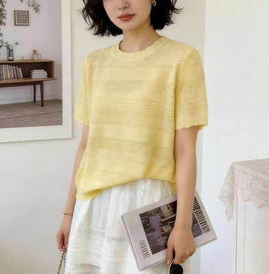 圣仕莲8609 显瘦圆领镂空针织衫女莱赛尔冰丝短袖上衣防嗮罩衫T