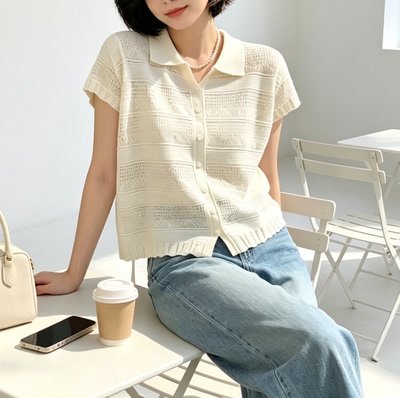 圣仕莲8650 显瘦翻领镂空针织开衫女莱赛尔天丝短袖上衣T恤防晒衫