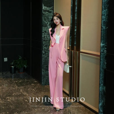 茶歇风百搭显瘦马甲西装长裤套装