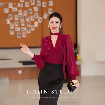 蝴蝶设计感通勤V领显瘦长袖上衣