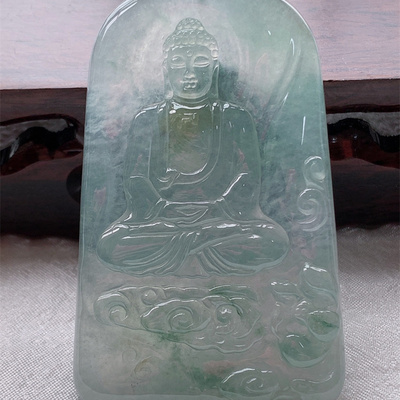 天然缅甸A货翡翠a货冰糯种正品原矿飘绿大日如来项链吊坠29.99g即