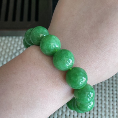 天然缅甸高端翡翠a货满绿圆珠手串15颗xcbr