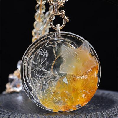 天然水晶俏色七彩黄胶花九尾狐水晶项链吊坠52.3克火彩凤凰焦花