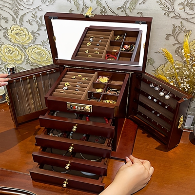 密码锁首饰盒多层欧式实木质饰品盒公主耳钉耳环项链收纳盒珠宝盒