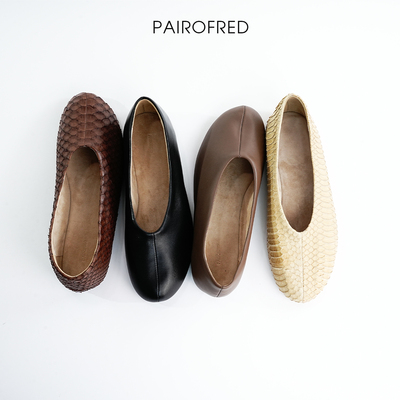 row风小众设计圆头平底浅口单鞋女简约舒适超软真皮奶奶鞋芭蕾鞋