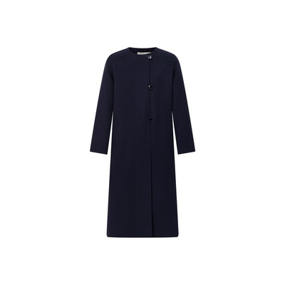 MISS BUCCI圆领单排扣中长款系扣羊绒时尚休闲大衣女