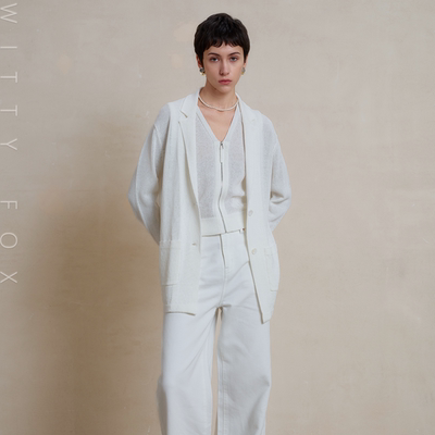 WITTYFOX清爽和纸纱工艺 简约风V领针织西装背心套装马甲