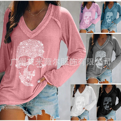 Women's Skull Diamond Casual Pullover Deep V-neck T-shirt