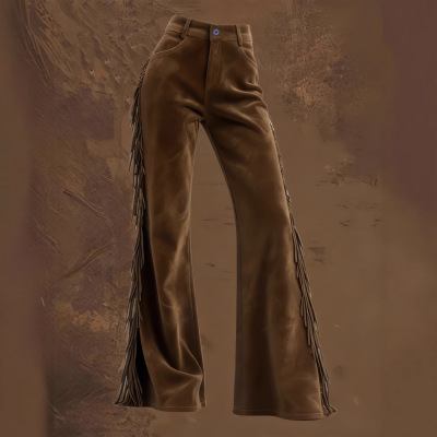 Women's Retro Western Fringed Deerskin Pants Casual Trousers