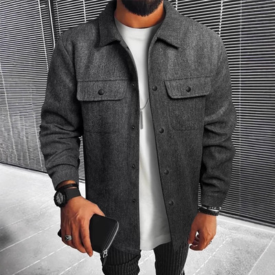 2026 Men's Woolen Jacket Solid lor Jacket at Lap Button Fron
