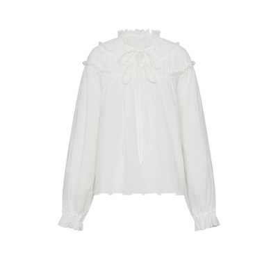 UR&DC2025春季新款法式气质木耳边系带超宽松长袖罩衫女白色衬衫