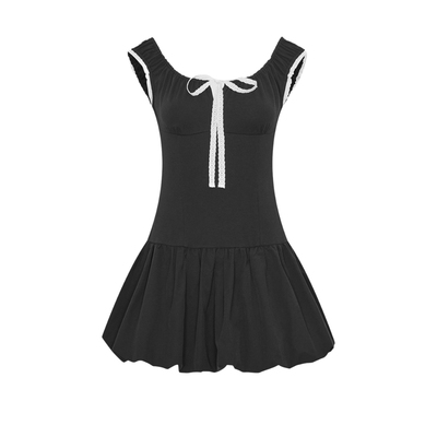 UR&DC2025夏季新款法式学院风撞色蕾丝飘带U领无袖修身花苞连衣裙