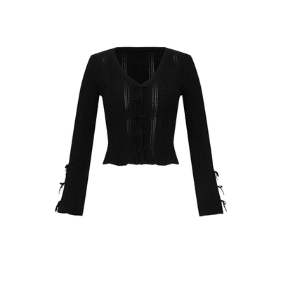 UR&DC2025秋季新款法式气质蝴蝶结装饰超短款针织开衫女黑色上衣