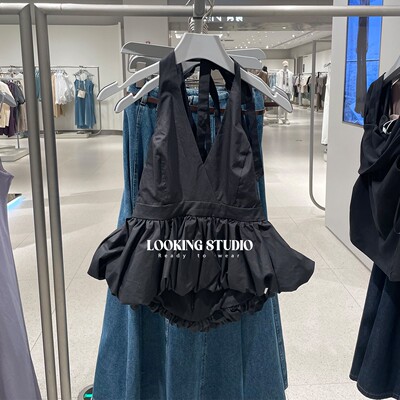 UR&DC2025夏季新款法式气质挂脖露背系带吊带衫女黑色V领短款上衣