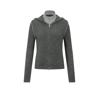 UR&DC2025秋冬新款休闲格雷系双拉链连帽拼接假两件长袖针织衫女