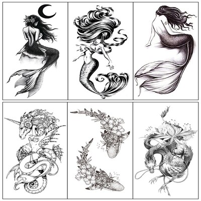 黑色鲸鱼美人鱼中国龙女生性感防水持久纹身贴纸手臂遮痕仿真刺青