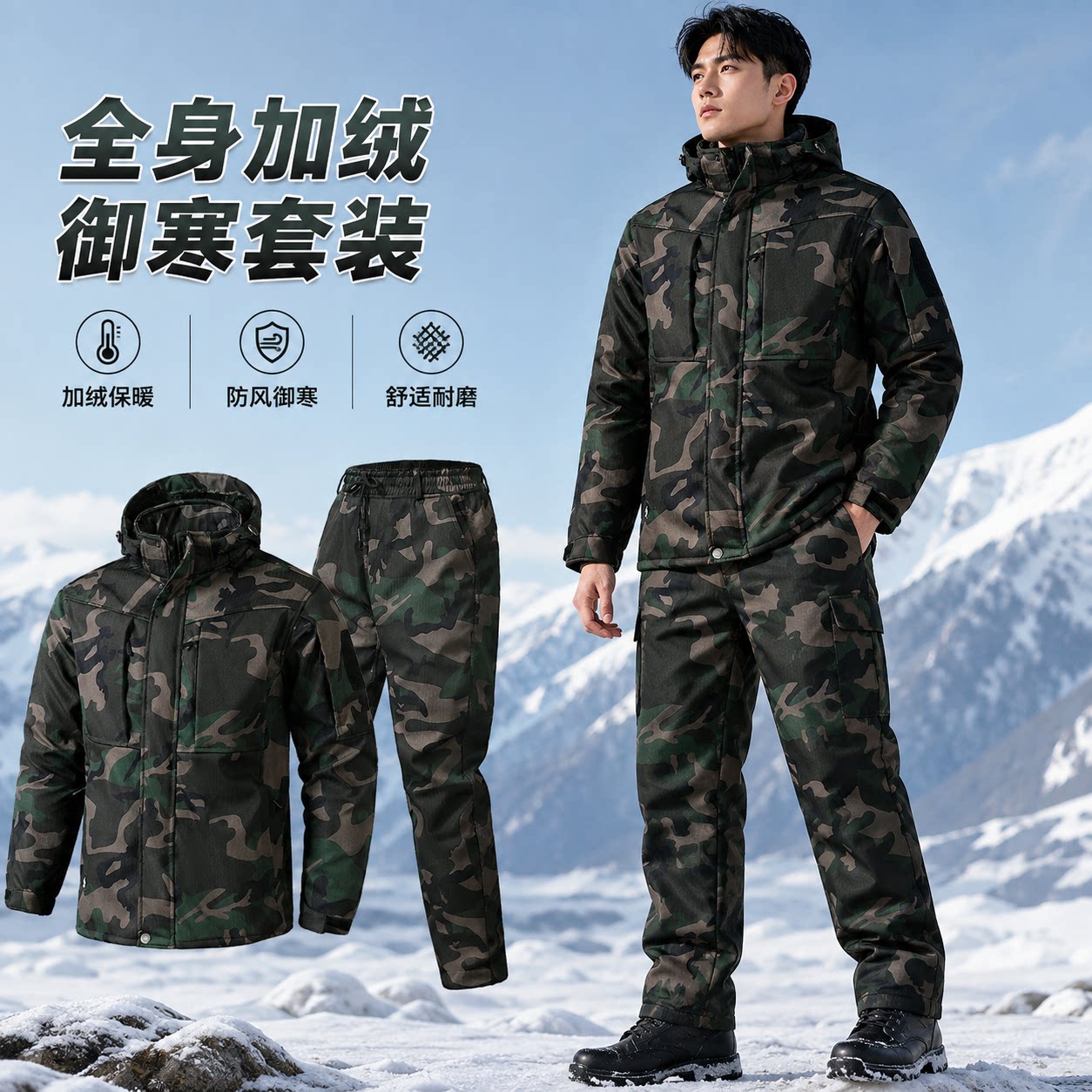 迷彩风加绒防寒服男套装全身加厚保暖户外军迷棉大衣