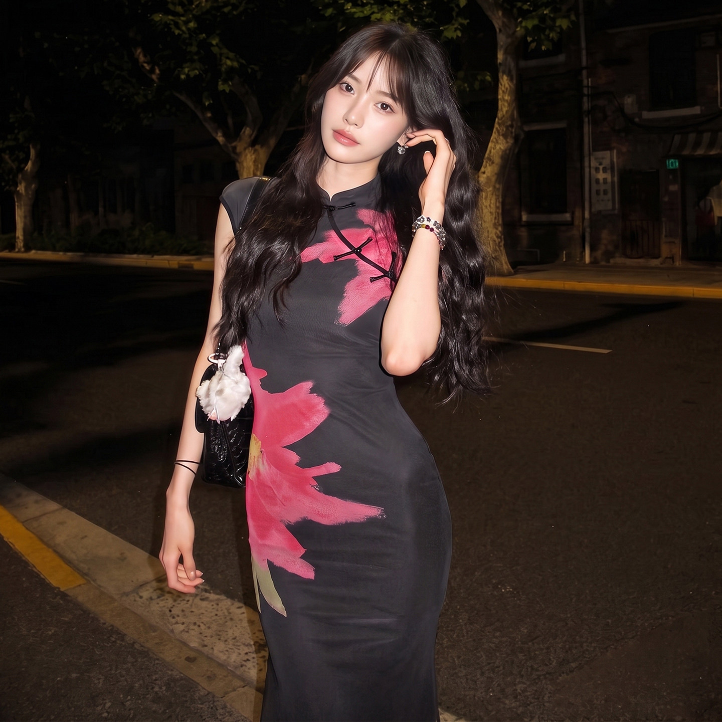 KLIOU 轻熟温婉复古牡丹印花改良旗袍连衣裙女显瘦修身露背包臀裙