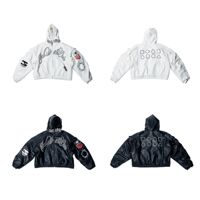 FVVO Embroidered PU Hooded Bomber Jacket刺绣PU连帽飞行员夹克