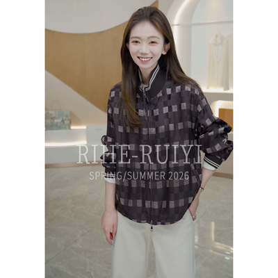 RH【棋盘格】复古质感老钱拼色立领印花桑蚕丝短外套RH616