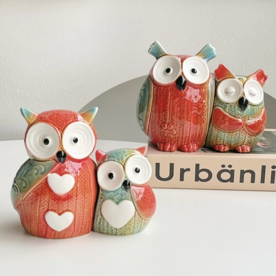 美式复古红经典釉彩陶瓷猫头鹰家居装饰礼物桌面酒柜电视玄关摆件