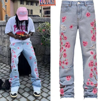 Men's straight pink floral embroidered jeans男牛仔直筒刺绣
