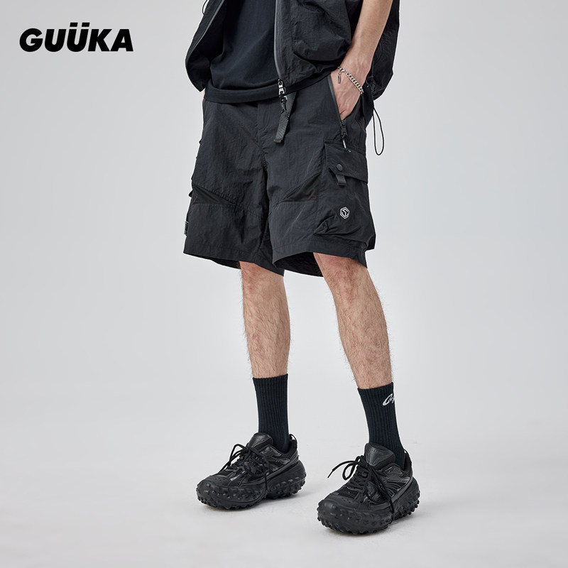 GUUKA TECH机能风户外黑色工装短裤男吸湿排汗5分裤立体口袋宽松_虎窝淘