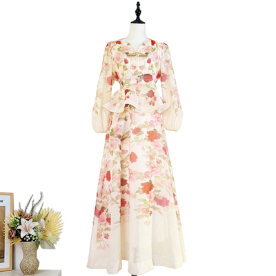 2026法式钉珠复古印花长袖荷叶边V领衬衫高腰大摆长裙两件套