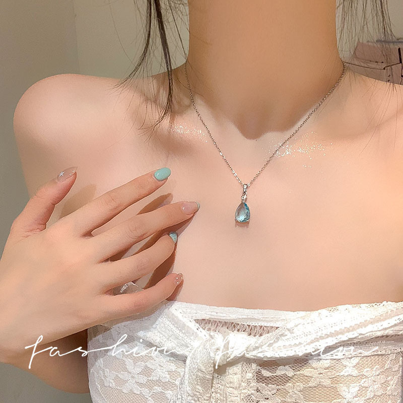 轻奢水滴海蓝宝项链女小众设计感水晶锁骨链百搭显白温柔颈链网红